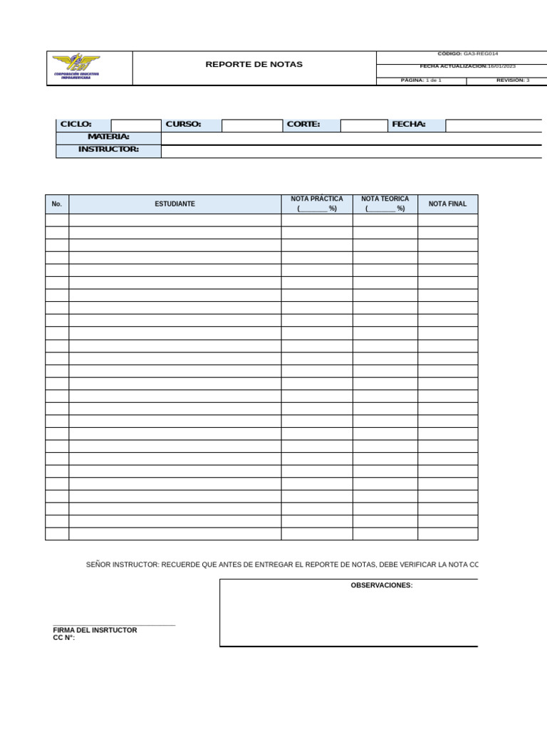 GA3-REG014 RV3 REPORTE DE NOTAS Excel. | PDF