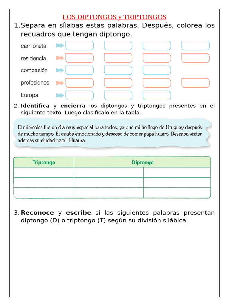 Diptongos y triptongos: Ejercicios prácticos | PDF