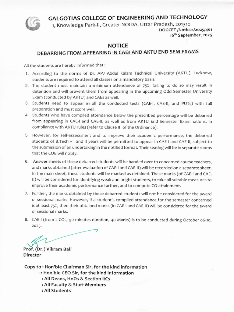 Notice Regarding Debarring From Appearing in CAEs and AKTU End Sem ...