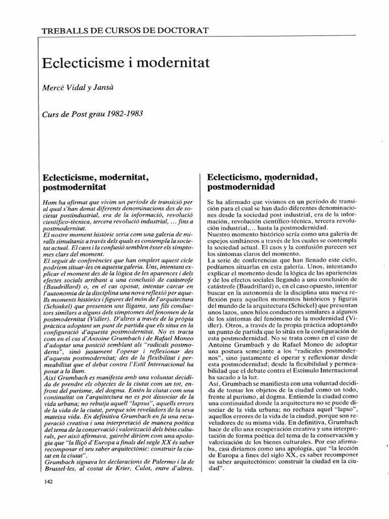 Mercè Vidal y Jansà - Eclecticismo, Modernidad, Postmodernidad | PDF
