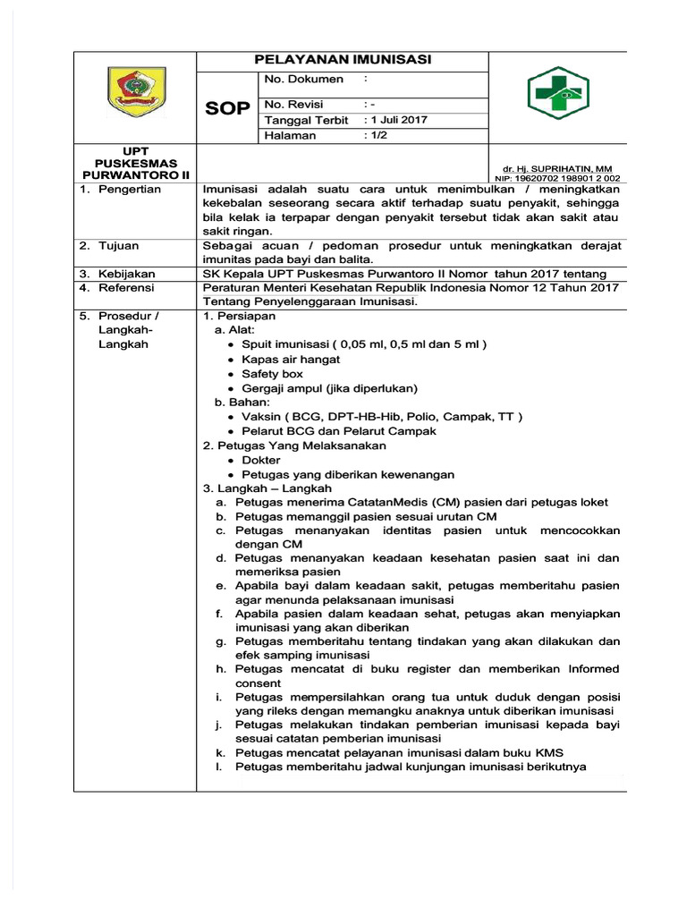 PDF Sop Pelayanan Imunisasi Compress | PDF