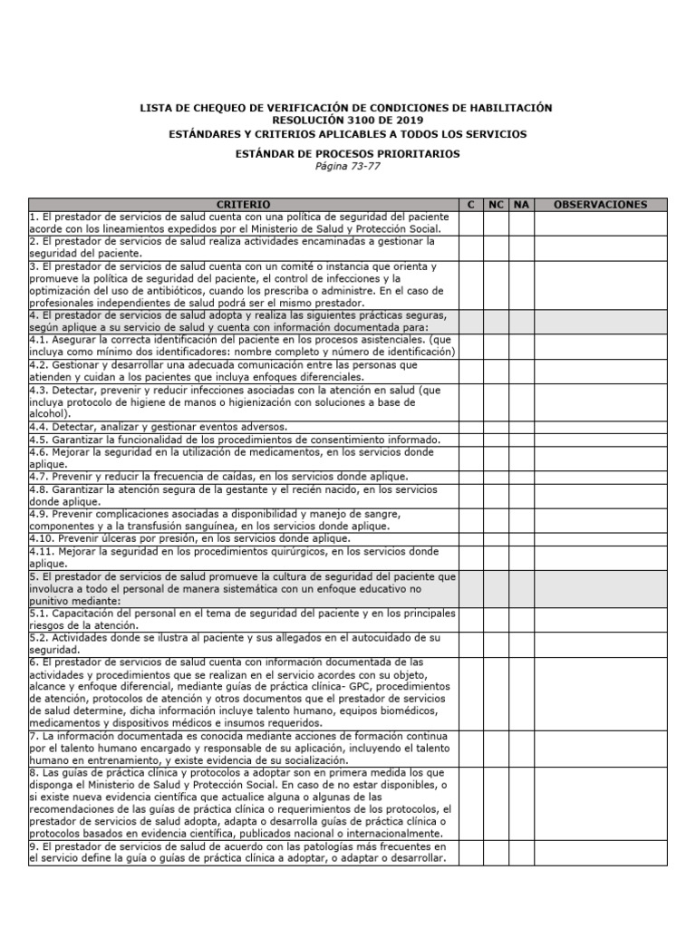 Lista de Chequeo Resolucion 3100 2019 - Procesos Prioritarios Todos Los Servicios | PDF ...