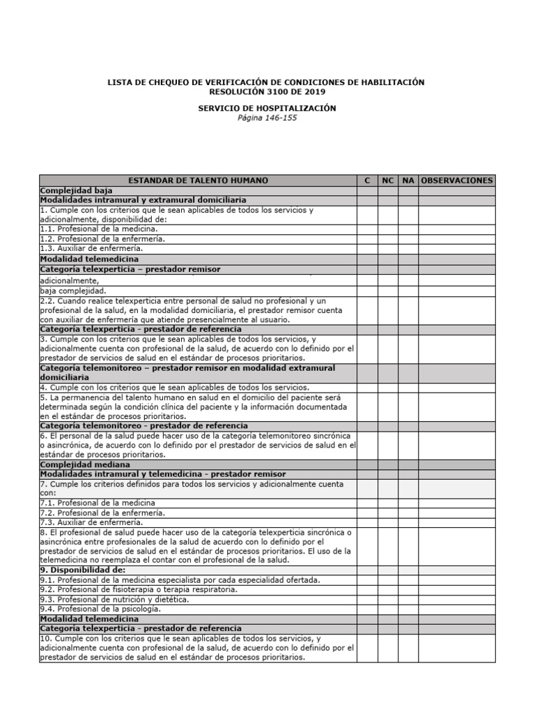 Lista de Chequeo Resolucion 3100 2019 HOSPITALIZACIÓN | PDF | Hospital | Cuidado de la salud