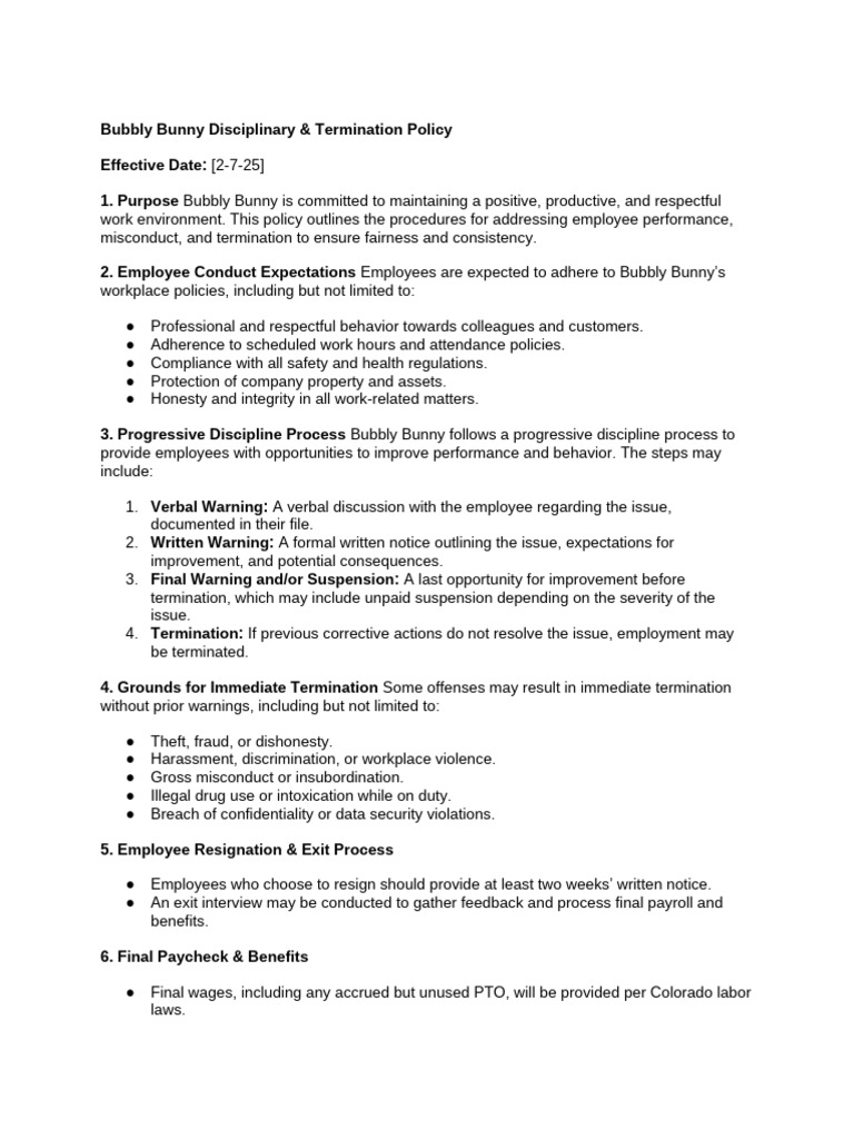 Bubbly Bunny Disciplinary & Termination Policy | PDF | Employment | Policy