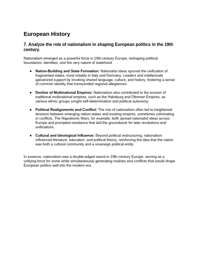 Analyze The Role of Nationalism in Shaping European Politics in The ...