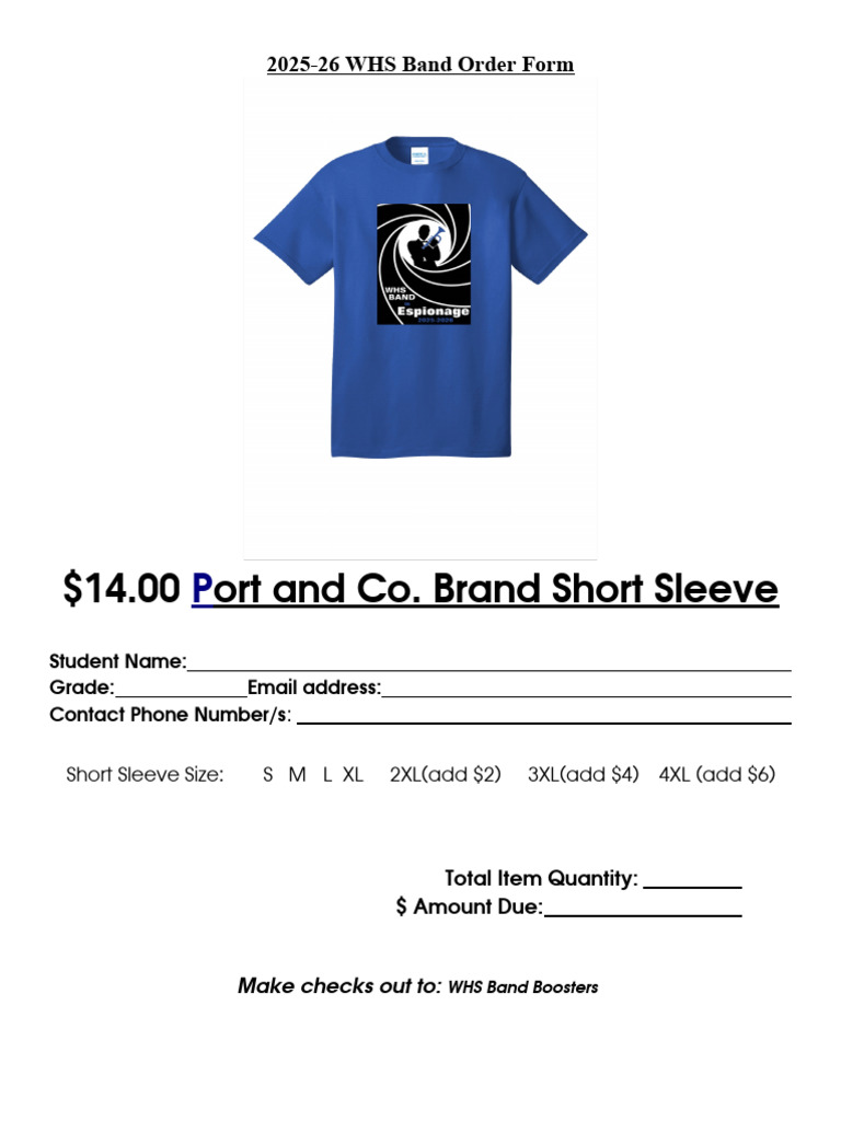 WHS Band Short Sleeve Order Form 2025-26 | PDF