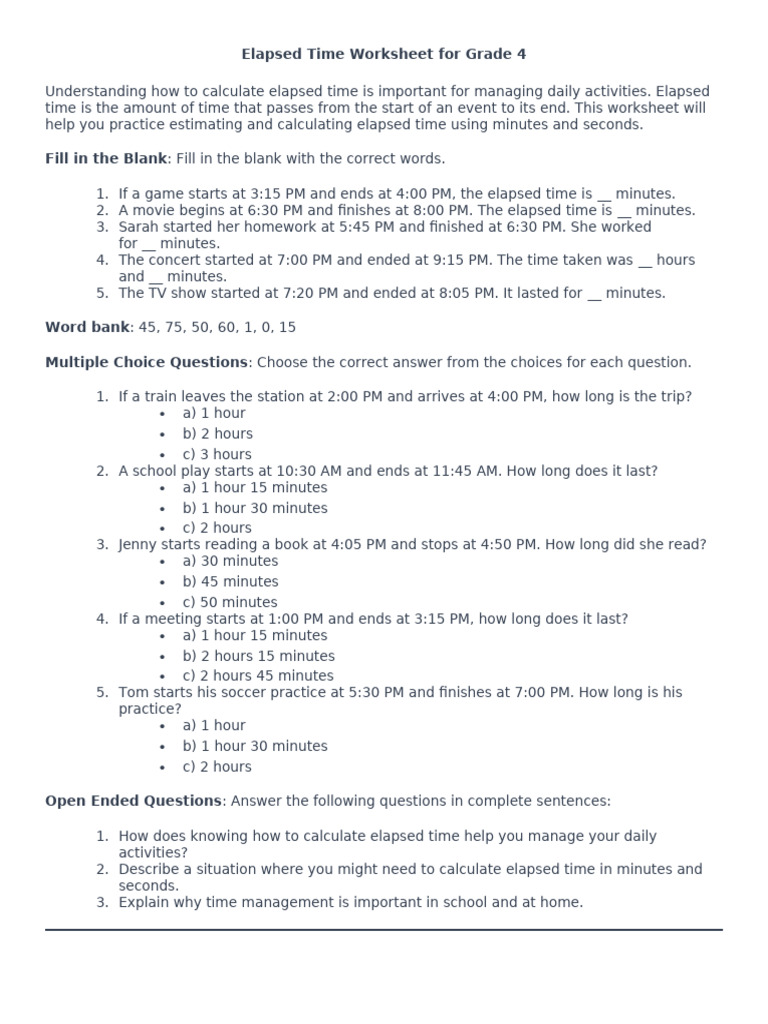 Elapsed Time Worksheet For Grade 4 | PDF | Worksheet