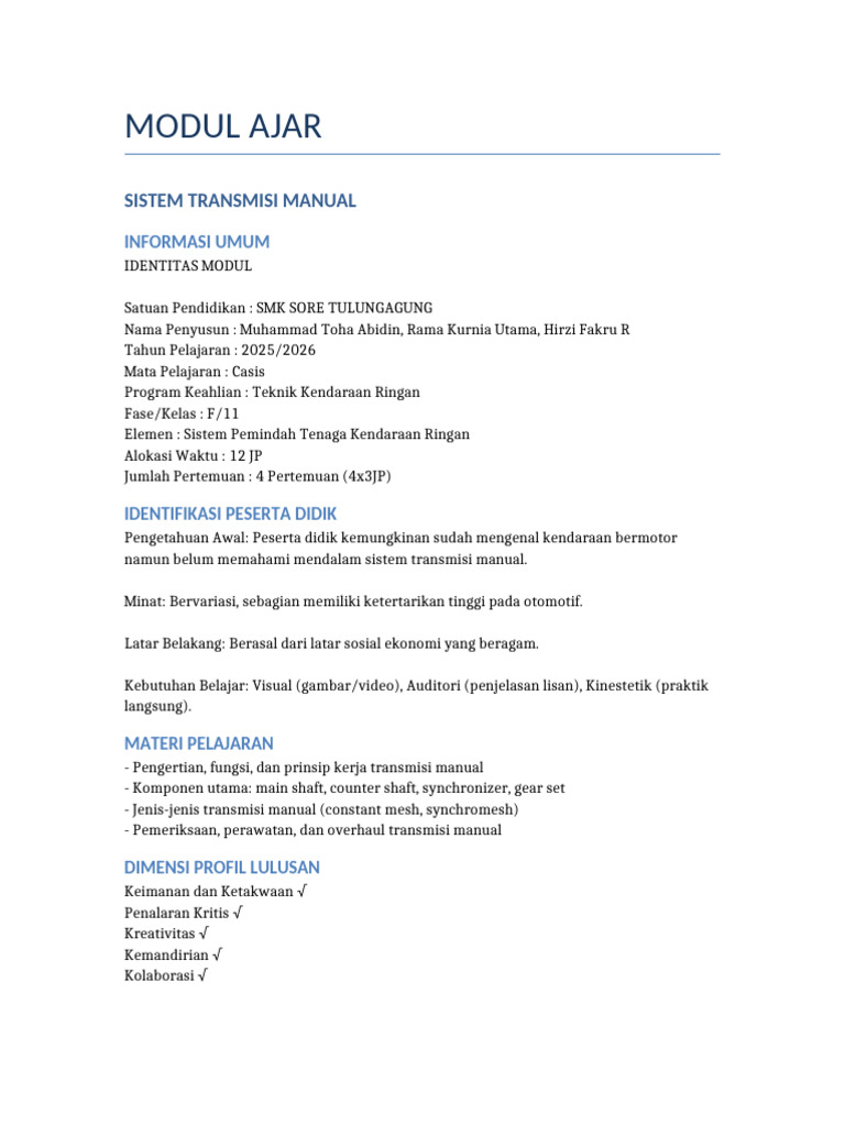 Modul Ajar Transmisi Manual | PDF