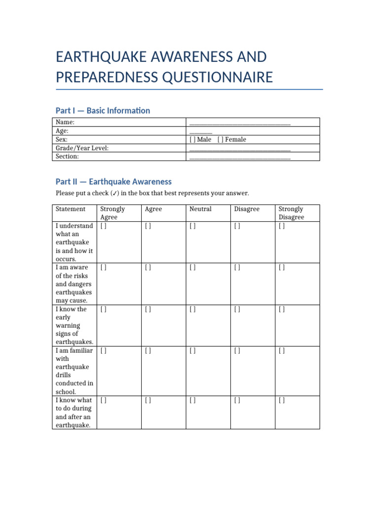 Earthquake Questionnaire Formatted | PDF | Emergency Management | Emergency