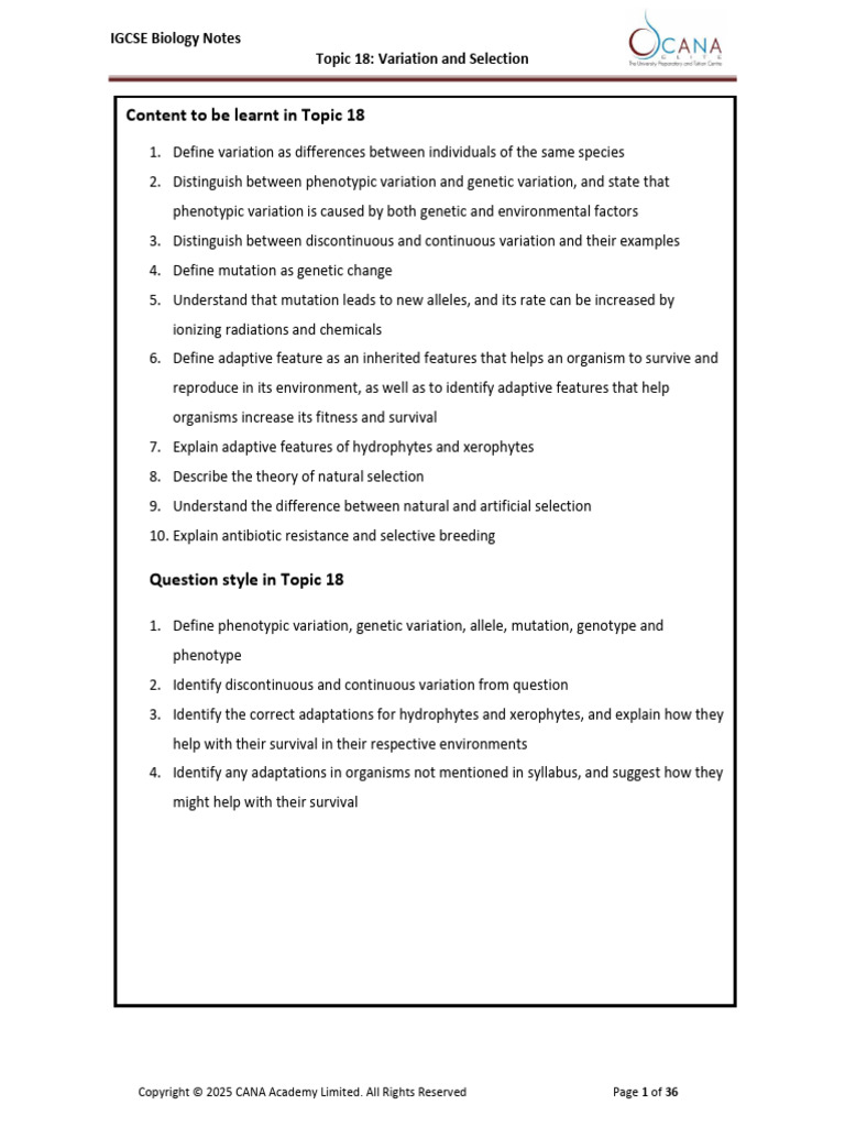 IGCSE Biology: Variation & Selection Notes | PDF | Natural Selection ...