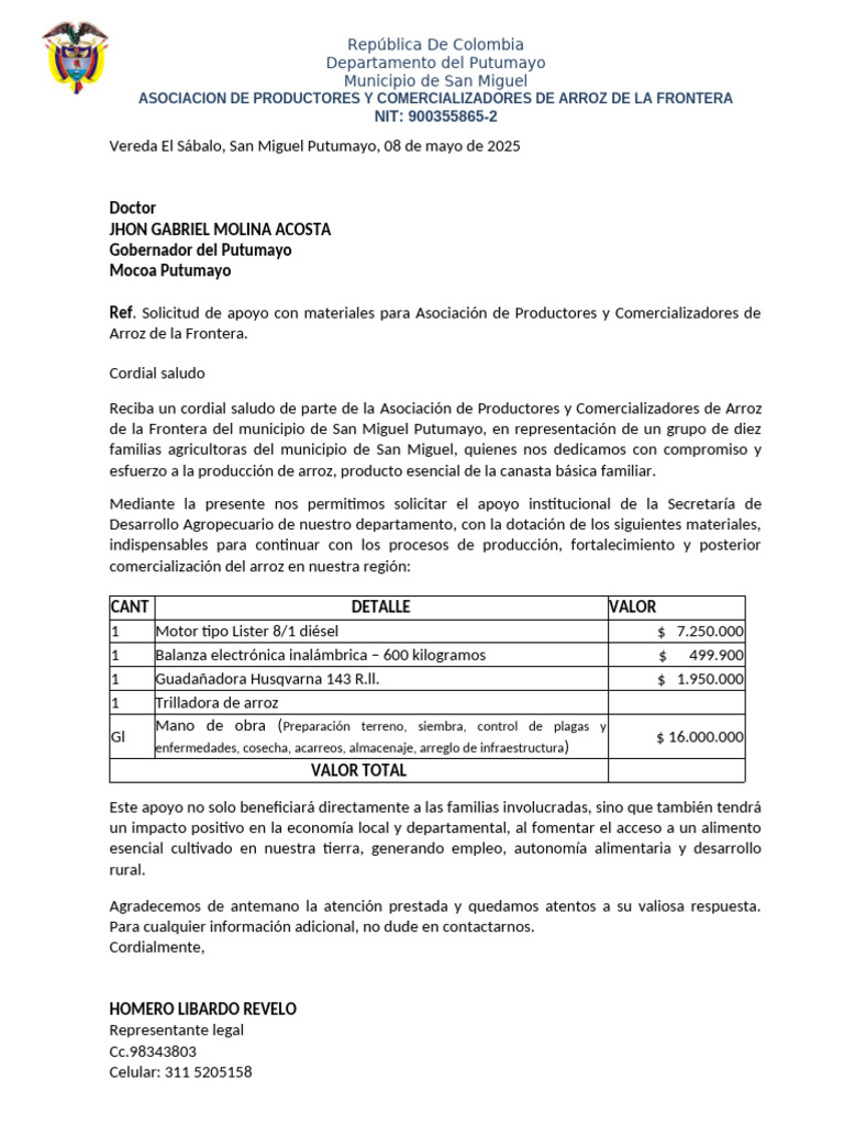Oficio Solicitud de Ayuda para Asociacion Arroceros | PDF | Arroz | Agricultura