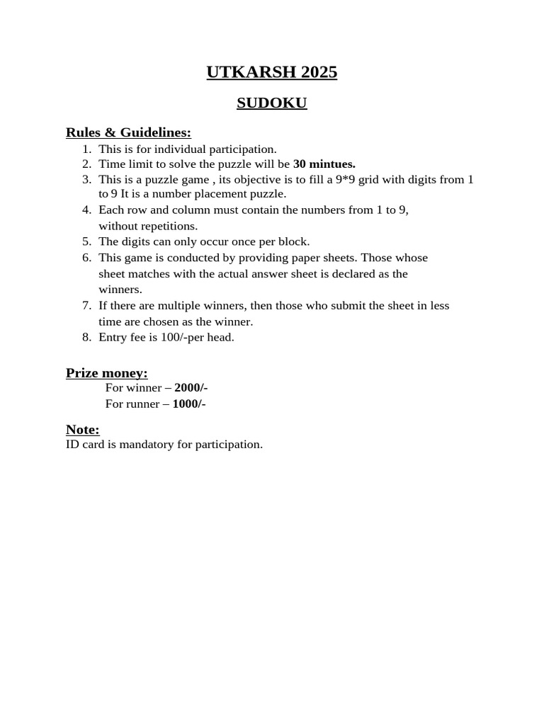 Utkarsh Sudoku Guidelines Pdf