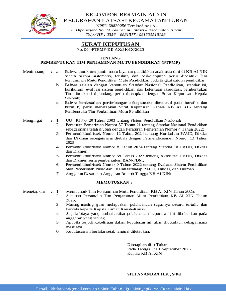 Sk Pembentukan Tim Penjaminan Mutu Pendidikan Ptpmp 2025 2026 Pdf