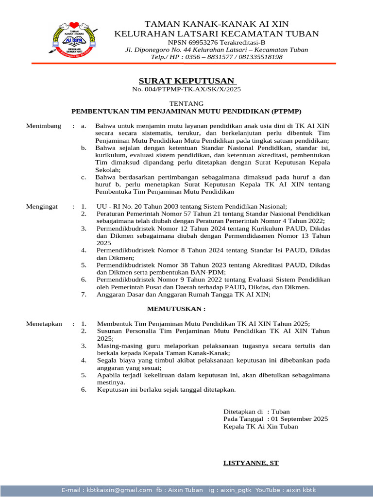 SK Pembentukan Tim Penjaminan Mutu Pendidikan (PTPMP) 2025-2026 | PDF