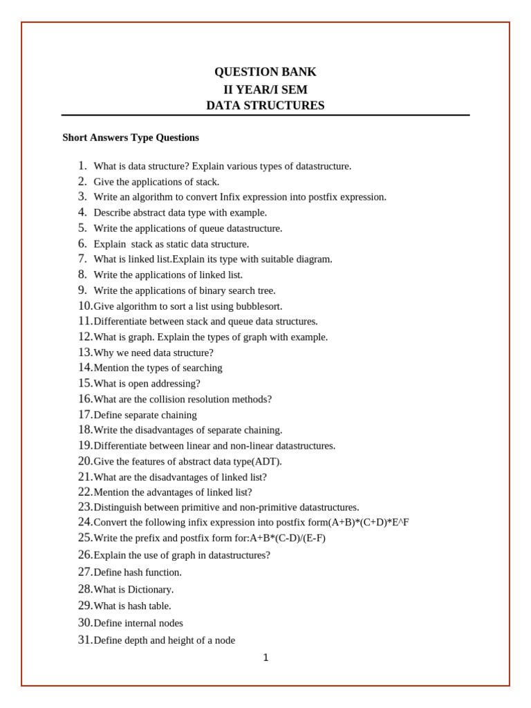 Question Bank Data Structures | PDF | Data Structure | Algorithms And ...