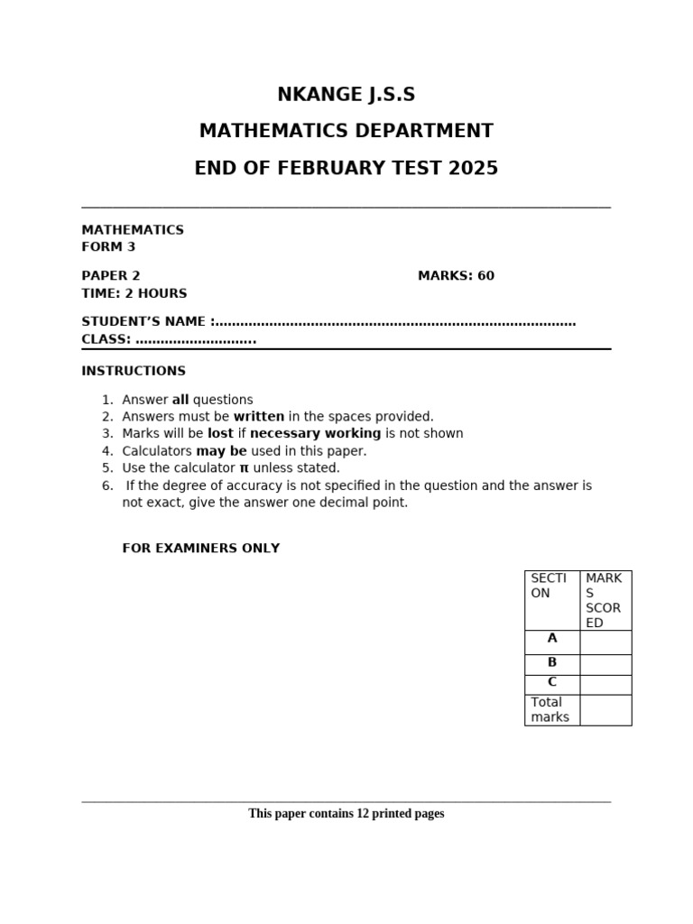 Form 3 Mathematics Test Paper 2025 | PDF | Elementary Mathematics ...