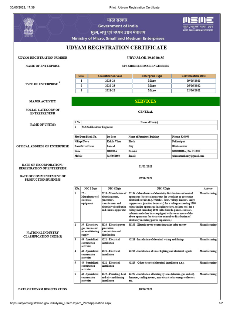 Udyam Registration Certificate for M/S Siddheshwar Engineers | PDF ...
