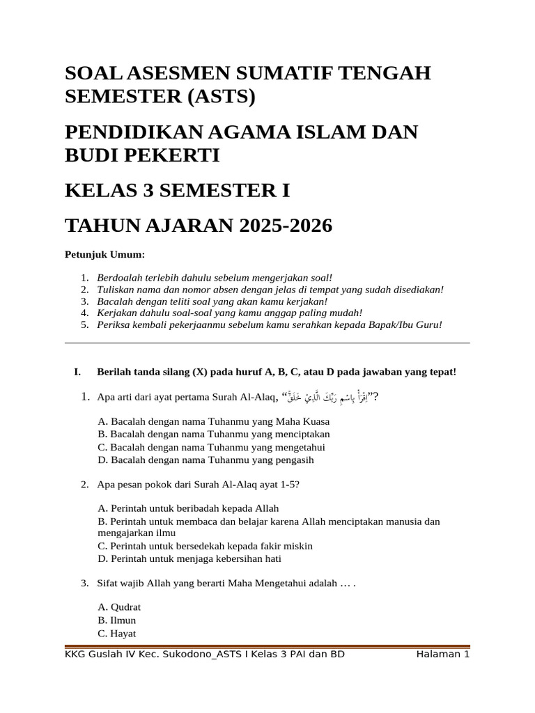 Soal Asts - Pai Dan BP - Kelas 3 Semester I Tahun Ajaran 2025-2026 | PDF