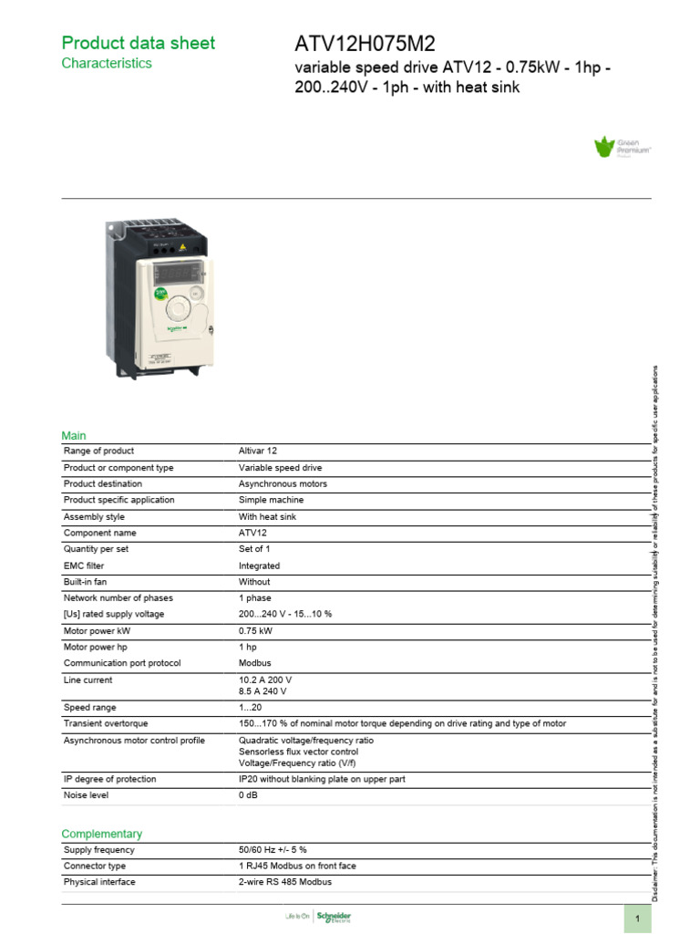 VFD Schneider ATV12 Data Sheet | PDF | Electric Motor | Relay