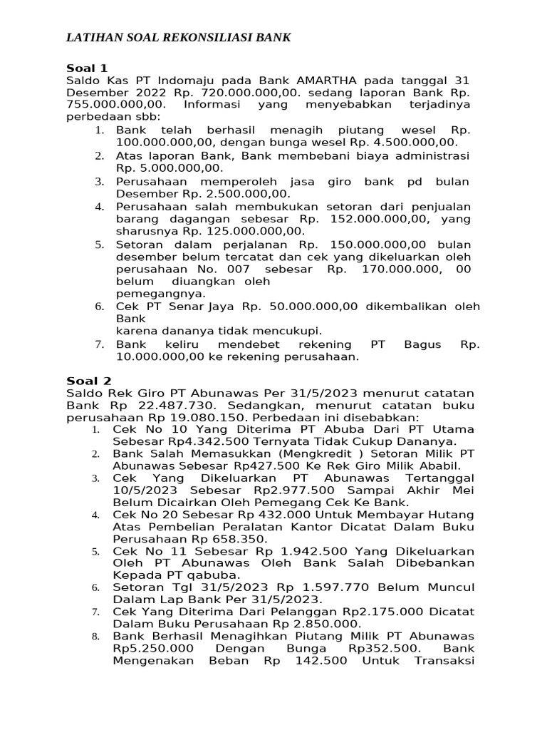 Latihan Soal Rekonsiliasi Bank Pdf