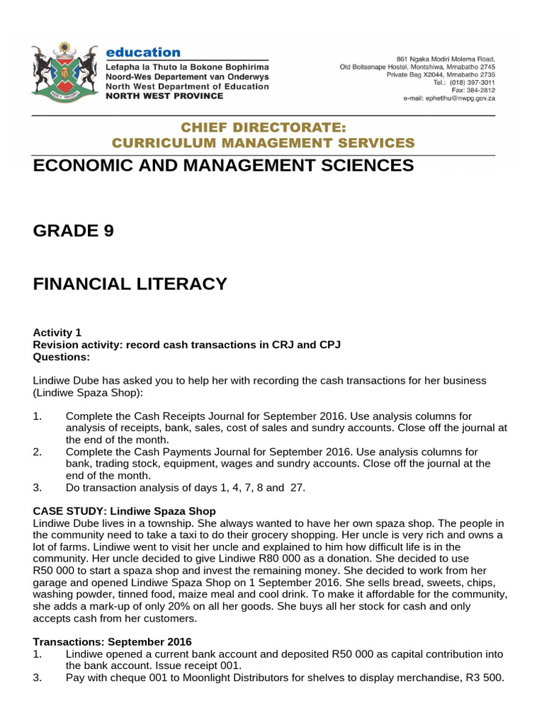 Grade 9 Financial Literacy Journals | PDF | Debits And Credits | Cheque