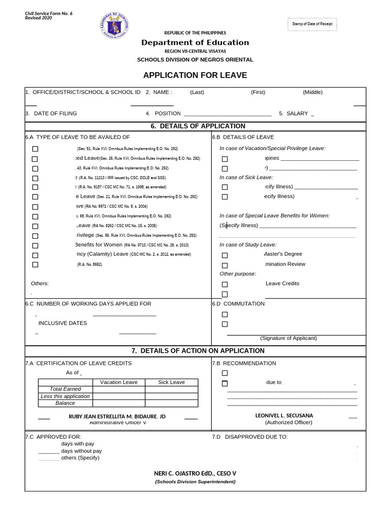 CS Form No. 6 Revised 2020 Application For Leave Fillable 2 | PDF | Parental Leave | Justice