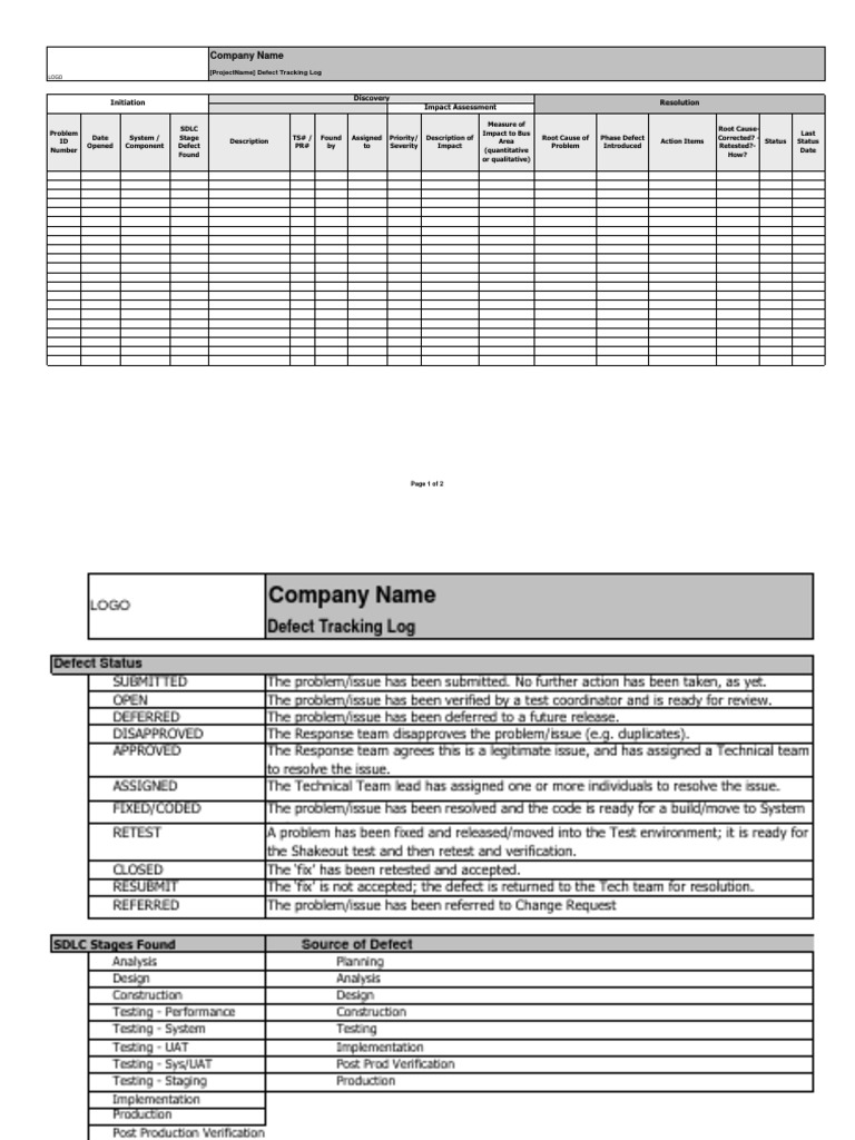 Defect Tracking Log TEMPLATE | PDF | Systems Engineering | Computing