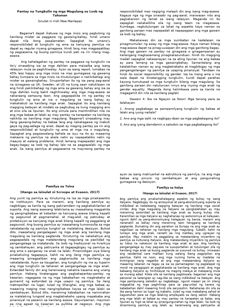 Pantay Na Tungkulin NG Mga Magulang Sa Loob NG Tahanan | PDF