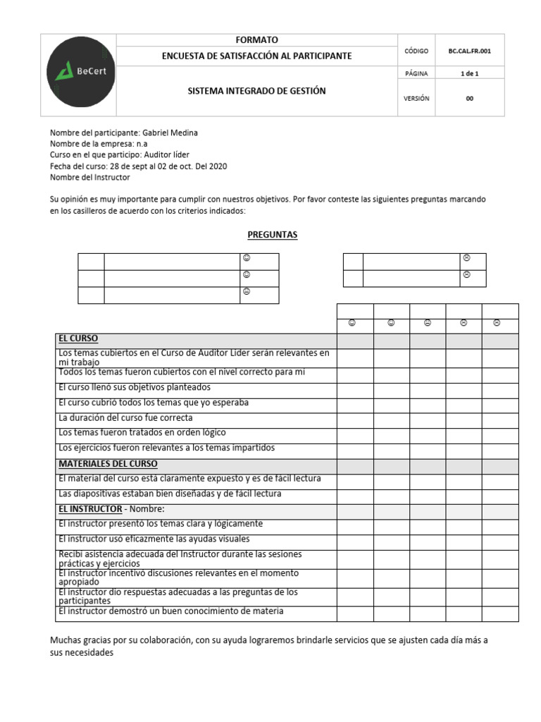 BC CAL FR 001 Encuesta de Satisfaccio Ün Del Participante V00 | PDF