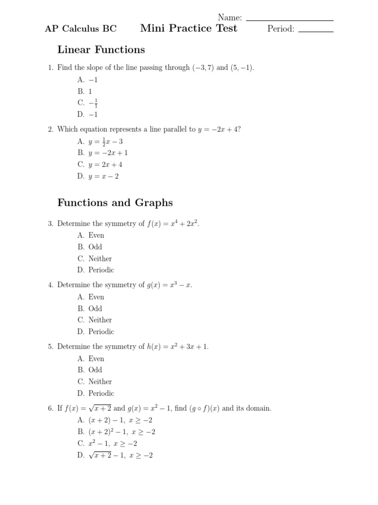 Mini Practice Test Calc BC Chapter 0 | PDF