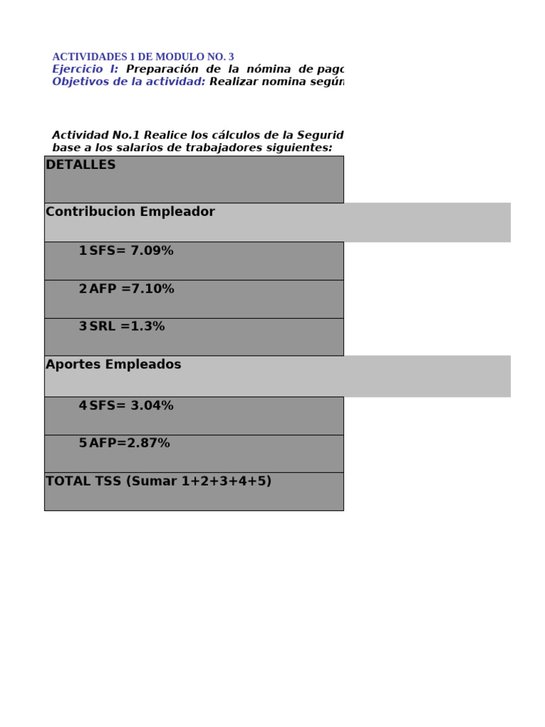 Plantilla Actividades 1 y 2 Modulo 3 Nomina de Pago TSS y ISR Semana 2 ...