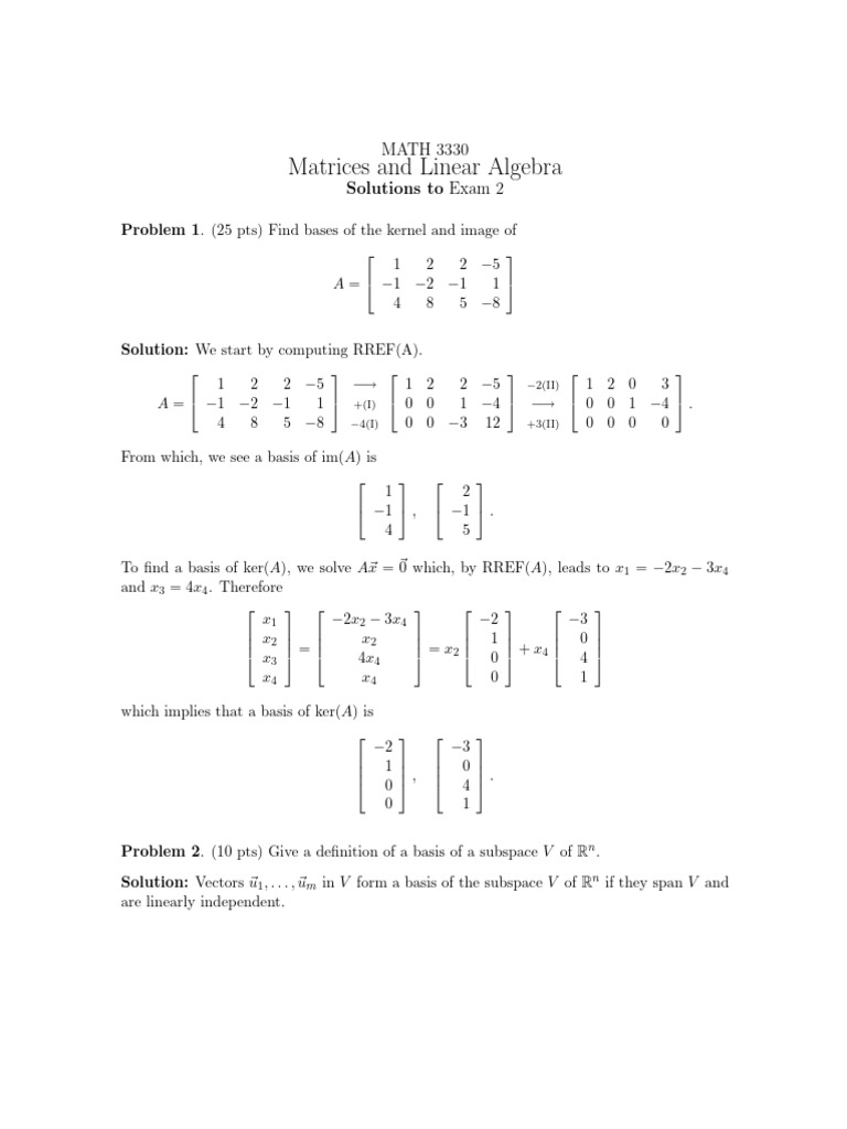 Exam 2 Solutions | PDF | Linear Subspace | Basis (Linear Algebra)