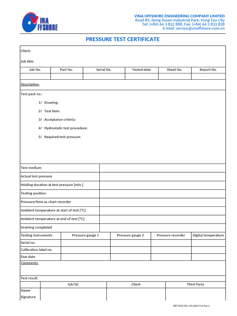 F14 Pressure Test Certificate Rev.1 | PDF