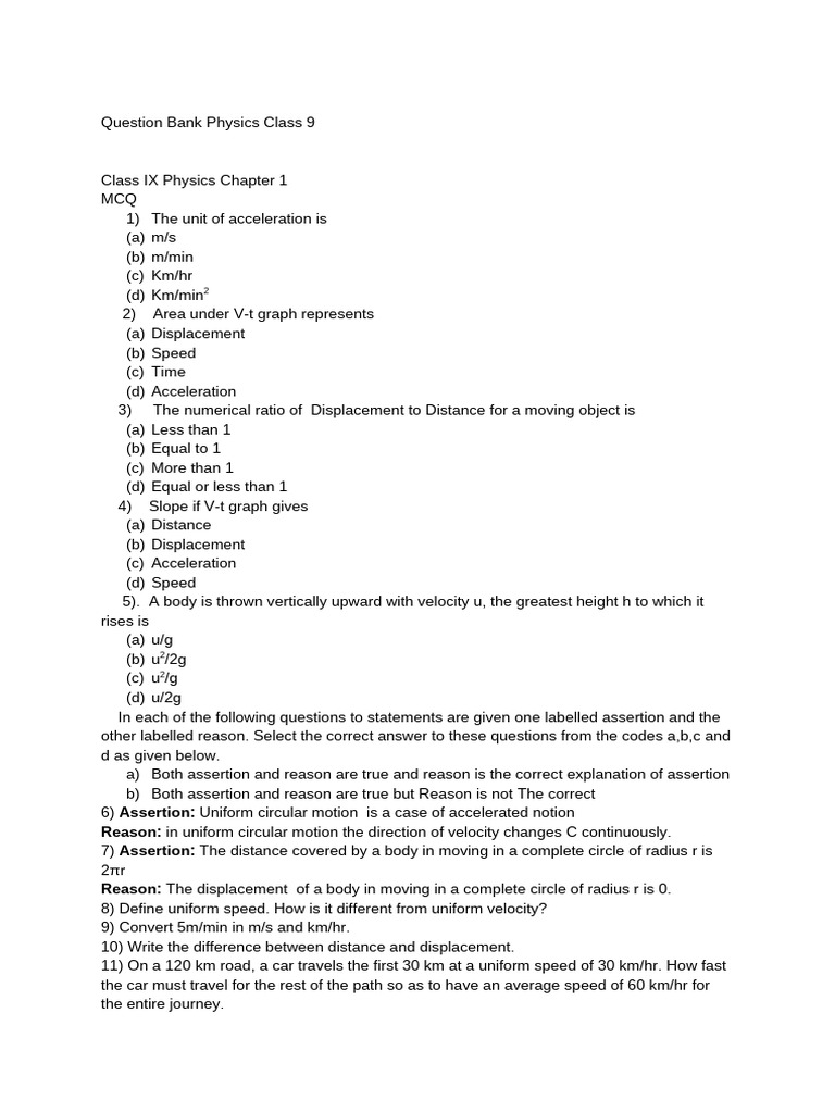 Question Bank Class 9 Physics | PDF | Acceleration | Speed