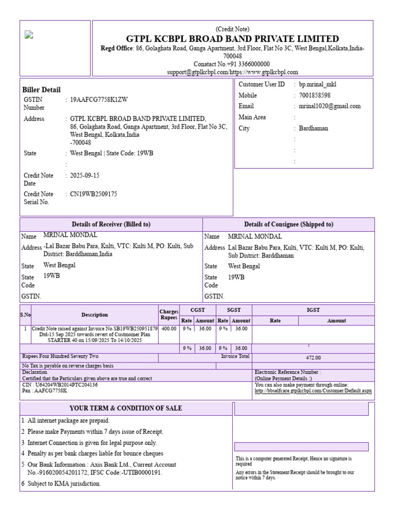 GTPL KCBPL Broad Band Private Limited: Biller Detail | PDF | Receipt ...