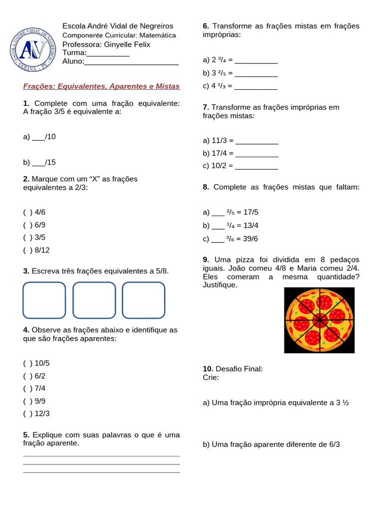 Exercícios sobre Frações Mistas | PDF
