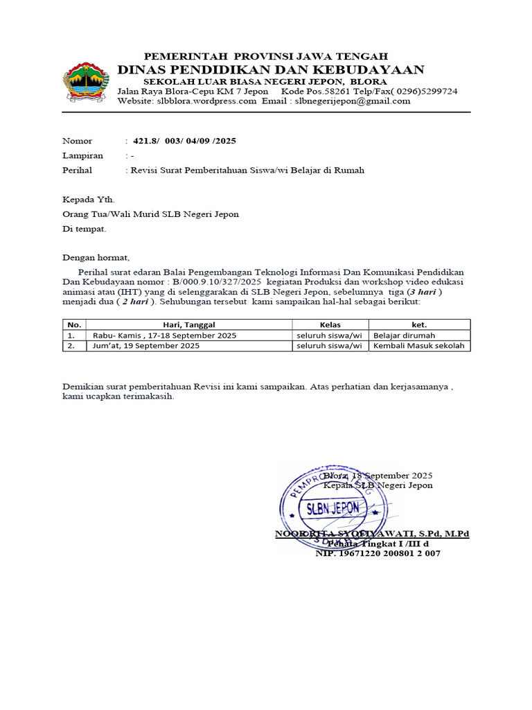 Revisi - Surat Pemberitahuan Belajar Dirumah | PDF