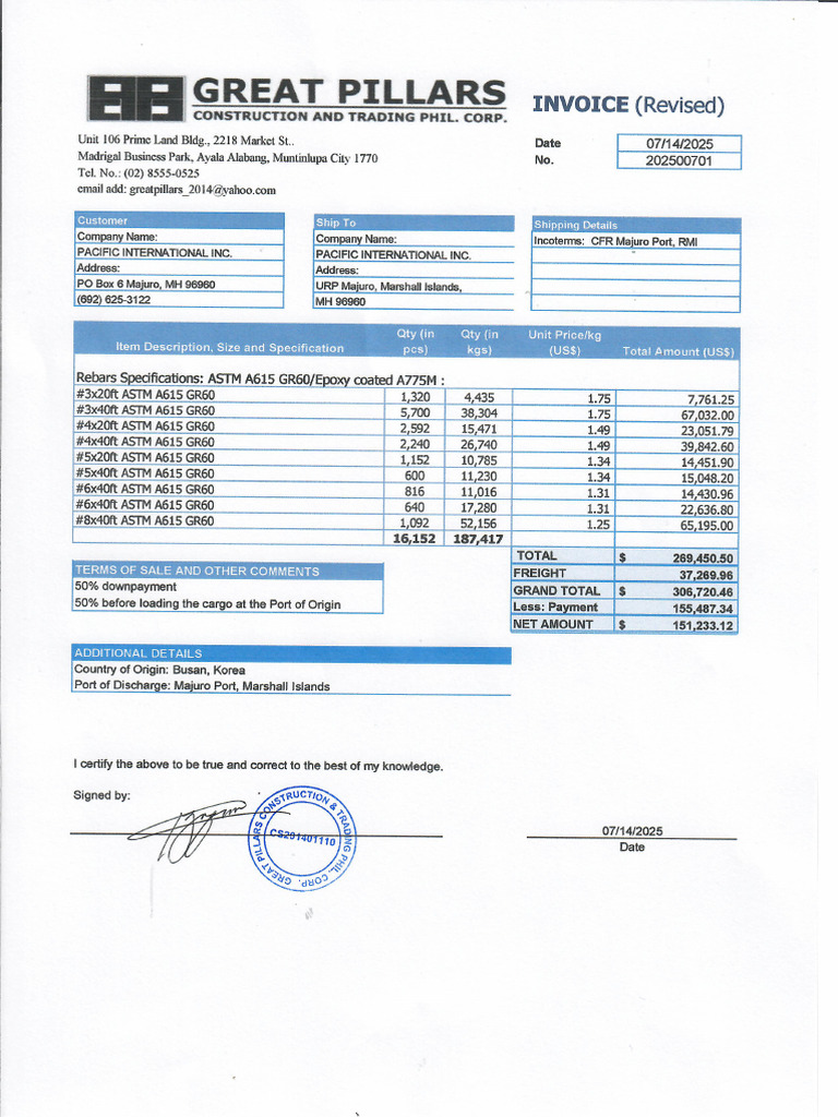 Rebar Invoice#202500701 Revised | PDF