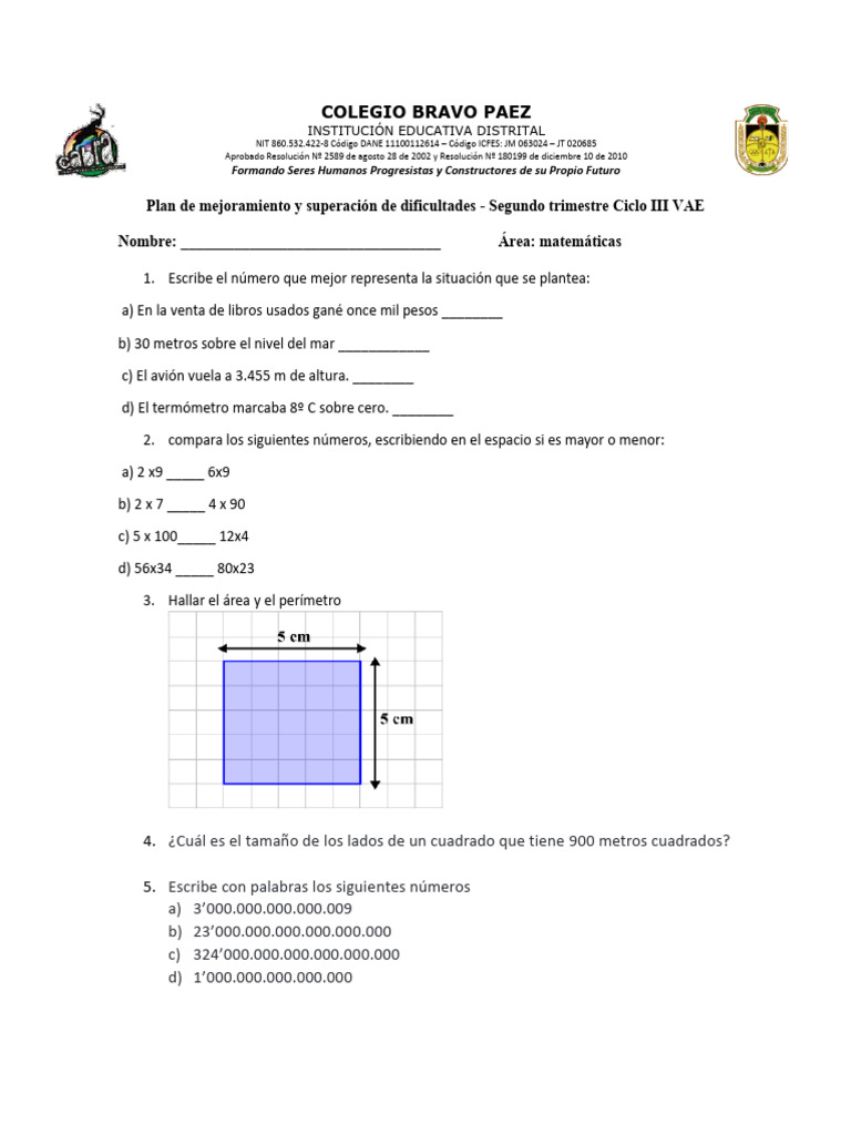 Plan de Mejoramiento Matemáticas - Segundo Trimestre Ciclo 3 VAE | PDF