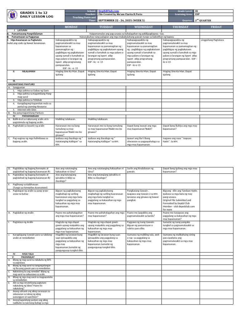 DLL - Esp 3 - Q2 - W5 | PDF