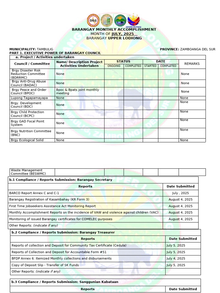 Barangay Upper Lodiong July 2025 Report | PDF | Justice | Crime & Violence