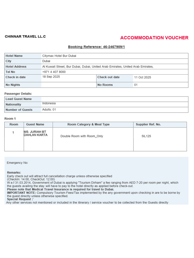 Dubai Hotel Accommodation Voucher Details | PDF