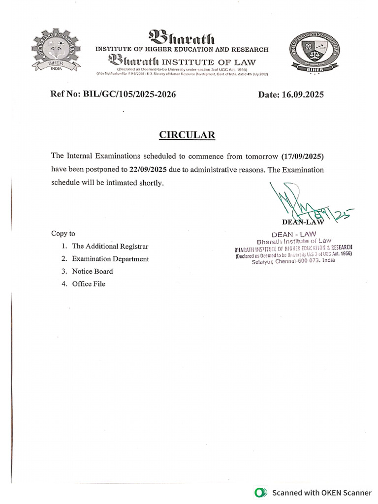 Circular 105 Internal Examination Postponed | PDF