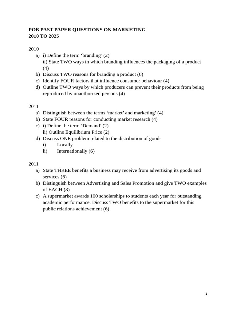 Marketing Past Paper Questions 2010-2025 | PDF | Marketing | Retail