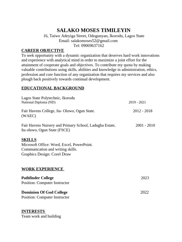 Salako Moses Timileyin Original CV - 043851 | PDF