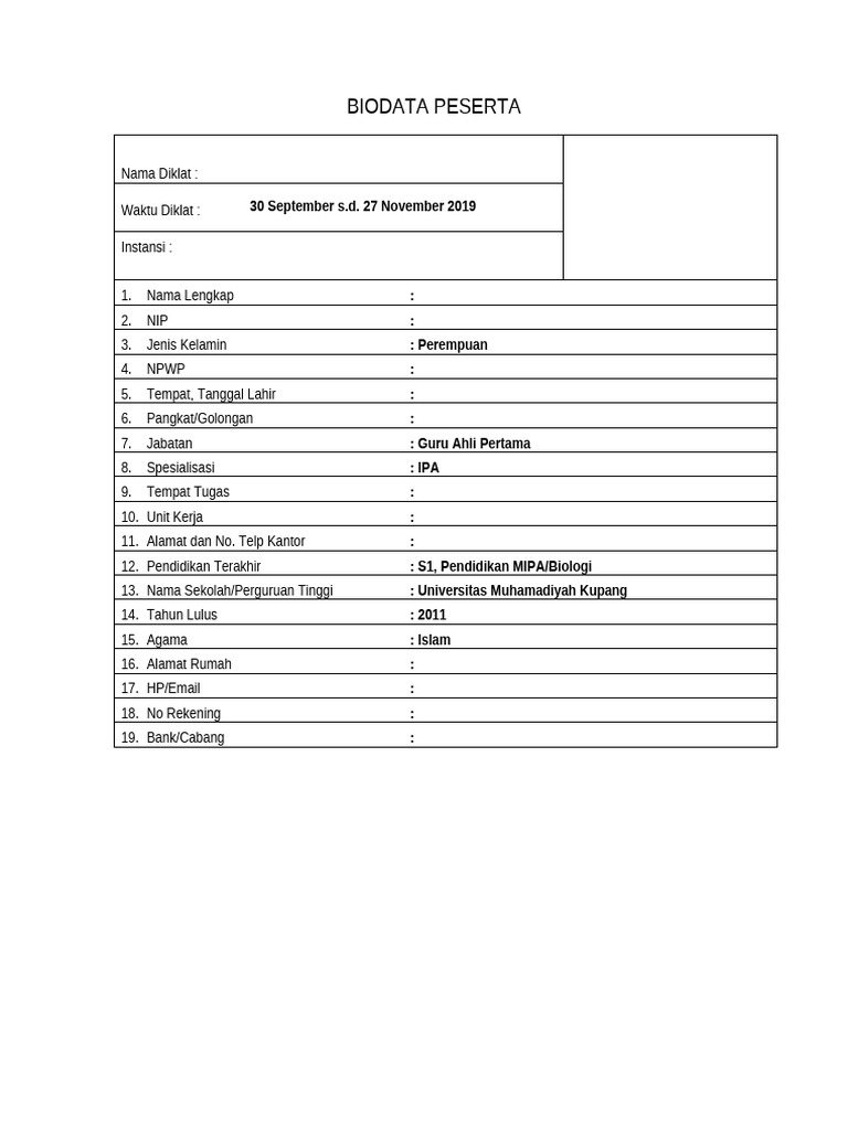 Biodata Peserta | PDF