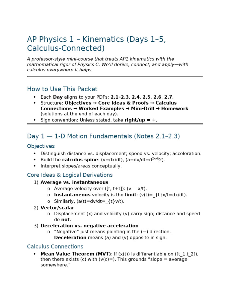 AP Physics 1 - Kinematics (Days 1-5, Calculus-Connected) | PDF | Acceleration | Velocity