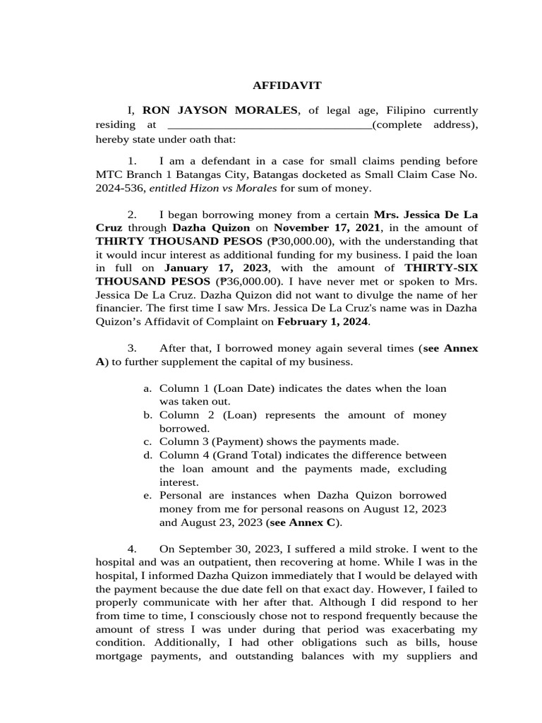 Affidavit - Ron Jayson Morales | PDF | Interest | Money