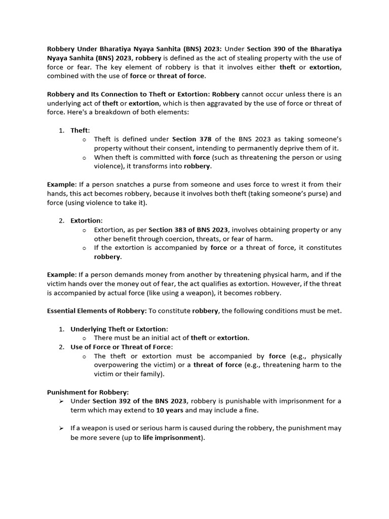 Understanding Robbery Under BNS 2023 | PDF | Robbery | Extortion