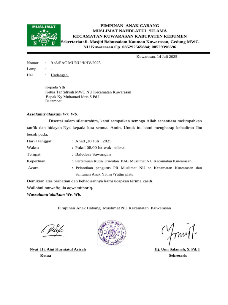Surat Undangan Trwulan Pac Juli 2025 MWC Nu | PDF
